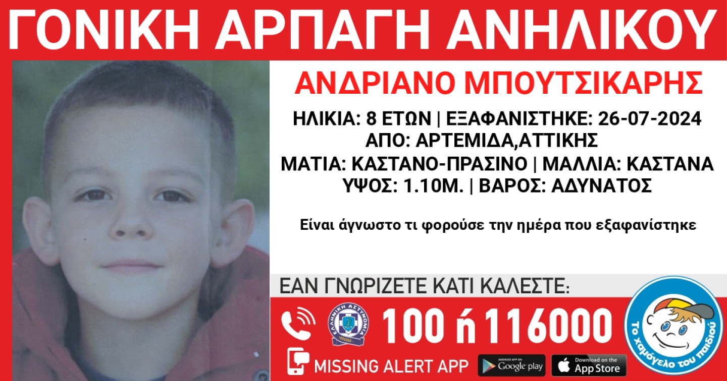 ΣΥΝΕΧΙΖΕΤΑΙ Η ΑΝΑΖΗΤΗΣΗ ΓΙΑ ΤΟΝ ΜΠΟΥΤΣΙΚΑΡΗ ΑΝΤΡΙΑΝΟ, 8 ΕΤΩΝ